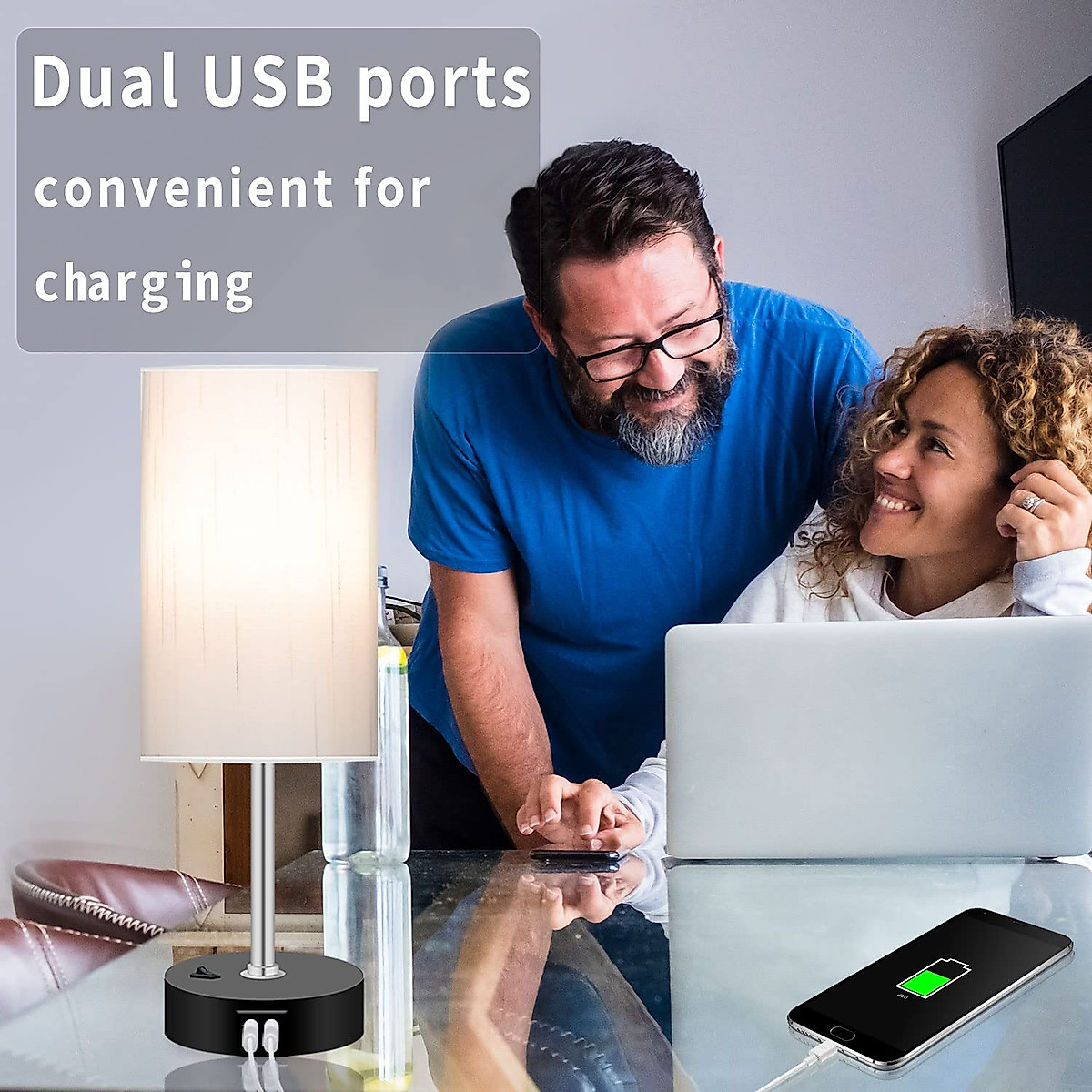 Peteme Smart RGB Bedroom Lamps with APP Control & Music Sync, 2 USB Port Dimmable Alexa Lamps Bulb Included, Bedside Lamp, Nightstand Light for Bedrooms and Living Room