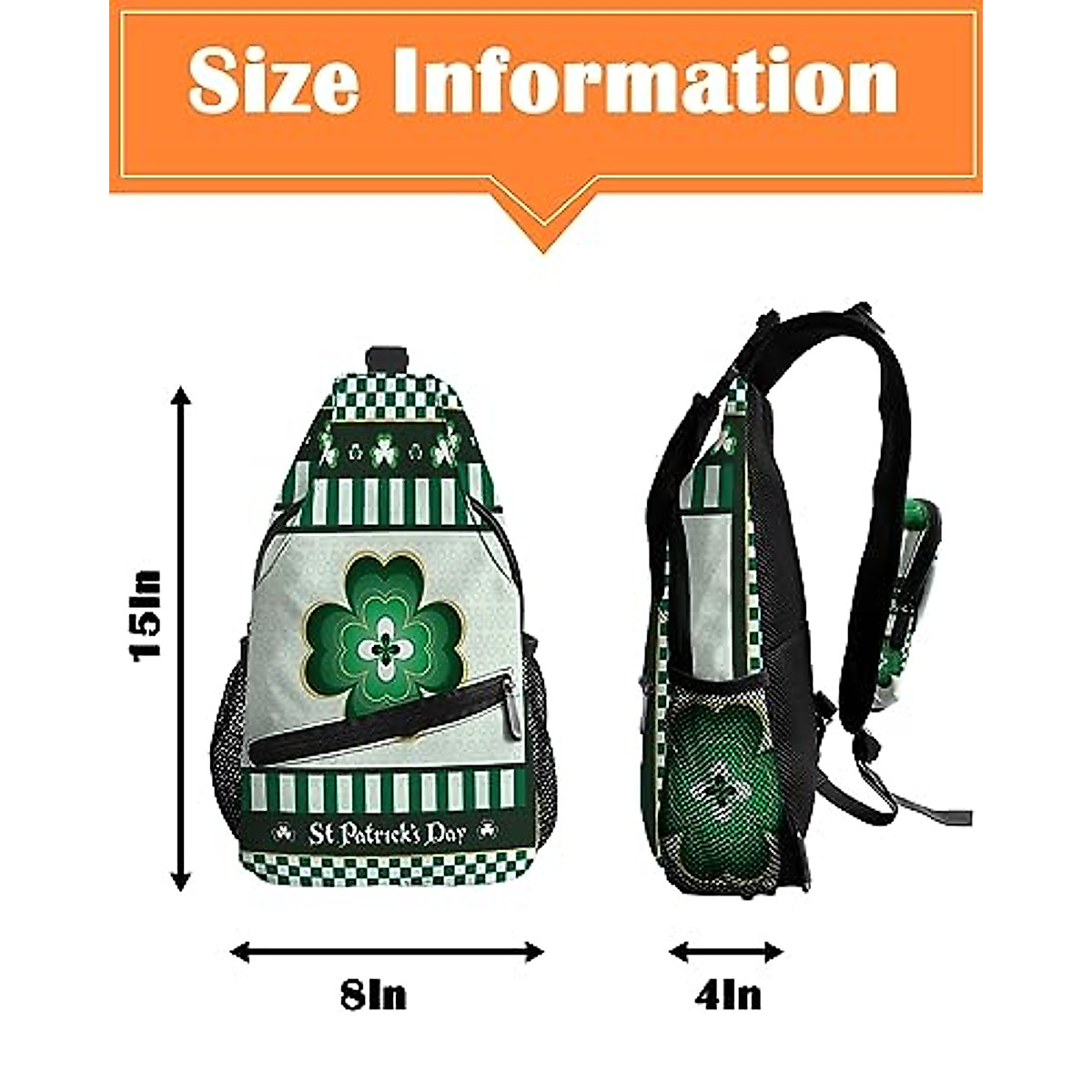 Sling Backpack, St. Patrick's Day Lucky Shamrock Green White Checkered Pattern Waterproof Lightweight Small Sling Bag, Travel Chest Bag Crossbody Shoulder Bag Hiking Daypack for Women Men