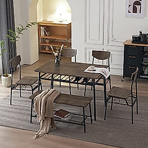 Rectangular Dining Table & Chair Set of 6 w/ Storage Space, Dining Room Set w/ 1 Table, 1 Bench & 4 Chairs for 6, Table Set w/ MDF Tabletop & Iron Frame, for Dining Room, Bistro, Home Bar, Kitchen