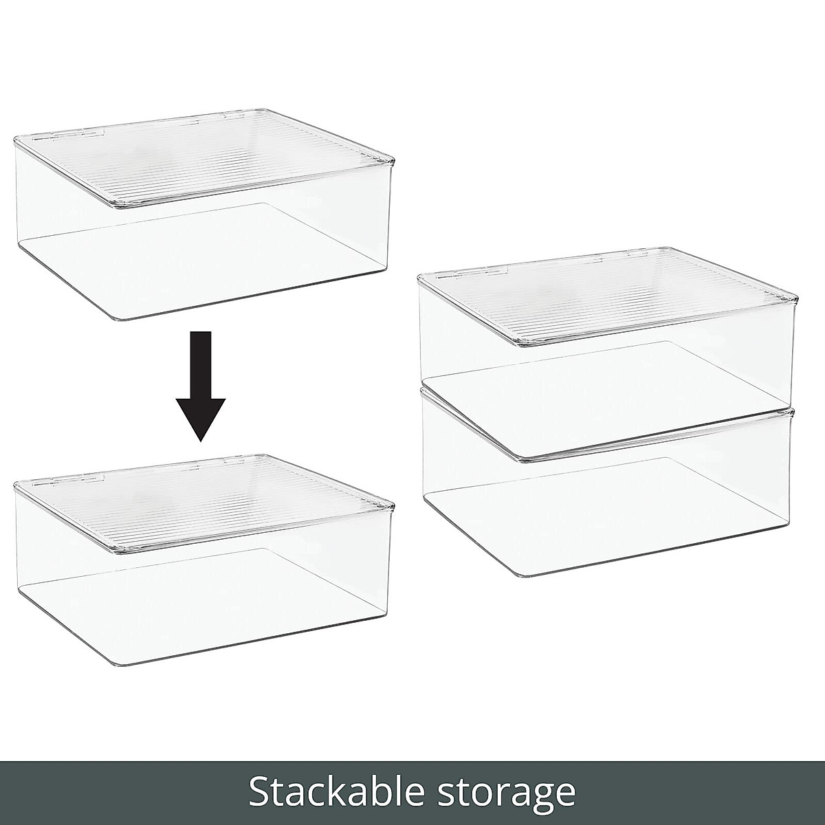 mDesign Plastic Stackable Rectangular Storage Bin, Drawer or Cabinet Organizer with Lid, Container Box for Organizing Electronics, Crayons, Puzzles, Games, Toys - Ligne Collection - 2 Pack - Clear