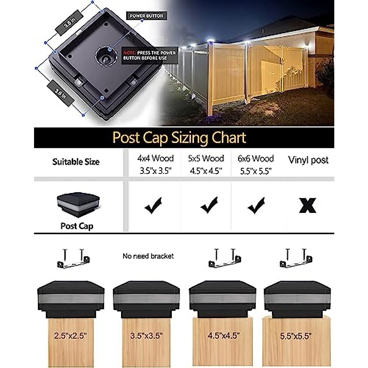 Geyueya Home Solar LED Post Lights Outdoor Garden Waterproof IP65 Square White Landscape Post Cap Lamp for 4x4 5x5 6x6 Wooden Posts in Patio Fence Deck Post Lights Solar Powered, Black (4 Packs)