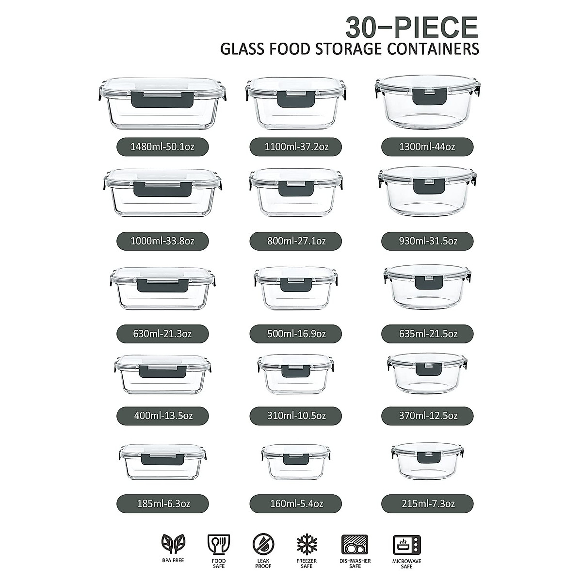 M MCIRCO 36oz Glass Meal Prep Containers set of 5 and 30Pcs Glass Food Storage Containers Set