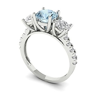Clara Pucci 2 ct Round Cut Solitaire 3 stone Genuine Natural Aquamarine Engagement Promise Anniversary Bridal Ring 18K White Gold 7.75
