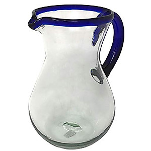 Mexican Hand Blown Glass Pitcher – Cobalt Blue Rim and Handle (84 oz)