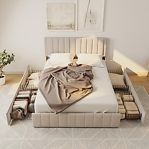 Gizoon Upholstered Queen Bed Frame with 4 Storage Drawers, Headboard Adjustable, Noise Free, Wooden Slats Support, Fits 6” to 12” Mattress, No Box Spring Needed
