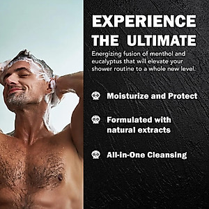 Mens Body Wash with Menthol & Eucalyptus, 32 Fl Oz, All Natural 3-In-1 Body Scrub and Liquid Soap for Gentle Cleansing, Vegan Friendly, Sulfate Free, and Cruelty Free