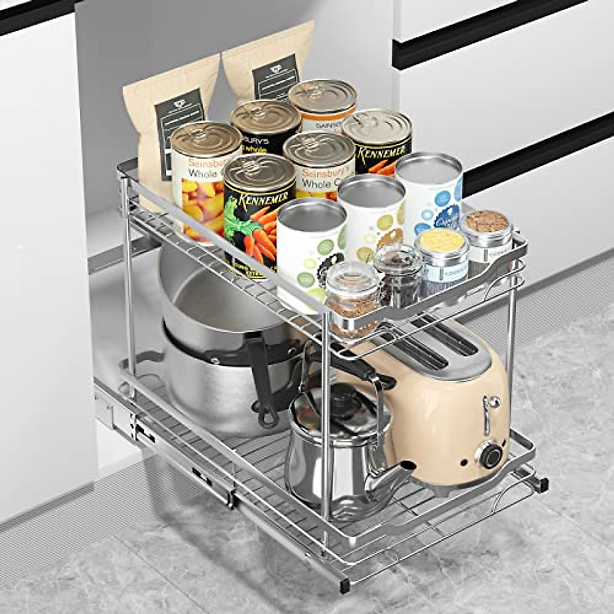 Amazer Pull Out Cabinet Organizer, 2 Tier Pull Out Drawers for Kitchen Cabinets, Slide Out Pantry Shelves 14.2"D×20"W Sturdy Cabinet Organizer Pull Out Drawers, Cabinet Pull Out Shelves Metal-Chrome