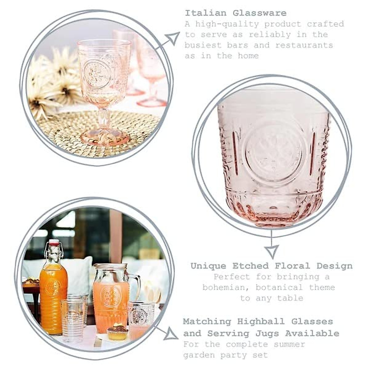 Bormioli Rocco Romantic Set Of 6 Stemware Glasses, 10.75 Oz. Colored Crystal Glass, Cotton Candy Pink, Made In Italy.