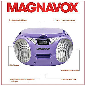 Magnavox MD6924-PL Portable Top Loading CD Boombox with AM/FM Stereo Radio in Purple | CD-R/CD-RW Compatible | LED Display | AUX Port Supported | Programmable CD Player |