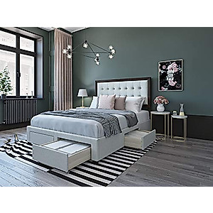 DG Casa Soloman Upholstered Panel Bed Frame with Storage Drawers and Square Tufted Wood Trim Headboard-Queen Size in Beige Fabric