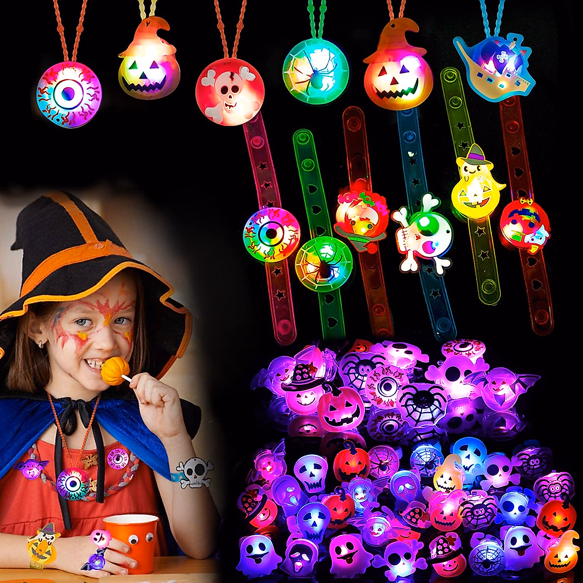 Halloween Party Favors for Kids, Light Up Necklace Rings Watch Party Supplies Set for Halloween Holiday