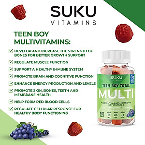 SUKU Vitamins Teen Boy Multivitamin – Sugar Free Vegetarian Gummy Supplement for Teen Boys 19 Essential Nutrients Strengthens Bones Muscles Enhances Energy Health – Blueberry Grape Flavor (60 Count)
