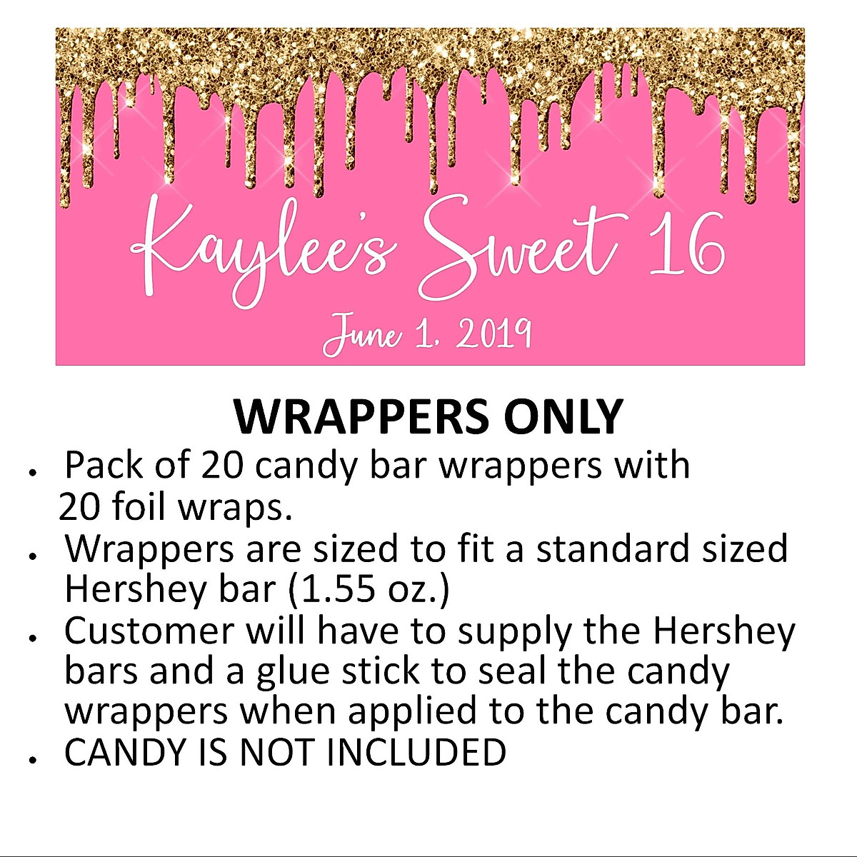 Glitter Drip Personalized Candy Bar Wrappers, Birthday Party Favors, Chocolate Bar Labels for Baby Shower, Bridal Shower, Pack of 20 (Gold/Pink)