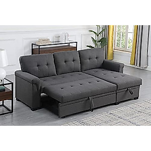 RITSU L-Shape Dark Gray Corner Couch with Storage Chaise, Linen Reversible Fabric Sleeper Sectional Sofa with Arms for Living Room, Apartment, Home Furniture, Dorm
