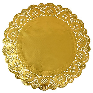 Gift Boutique 250 Gold Doilies Round Paper Place Mats 14" Disposable Metallic Golden Foil Lace Scallop Doily for Cakes Desserts Wedding