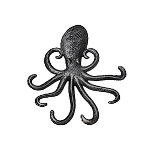 Handcrafted Nautical Decor Rustic Silver Cast Iron Wall Mounted Octopus Hooks 7" - Rustic Wall Art - Nauti
