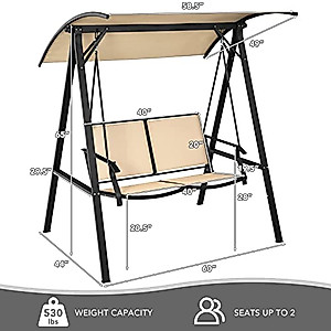 Tangkula 2-Person Patio Swing, Weather Resistant Porch Swing with Adjustable Canopy, Steel Frame, Outdoor Modern Canopy Swing with Handrails, Suitable for Porch Garden Poolside (Coffee)