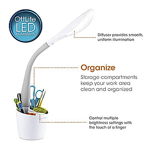 OttLite LED Desk Space Organizer Lamp, White – 4 Brightness Levels, Touch Activated Controls, Flexible Neck Height, Storage for Desk Supplies, For Reading, Crafting & Sewing