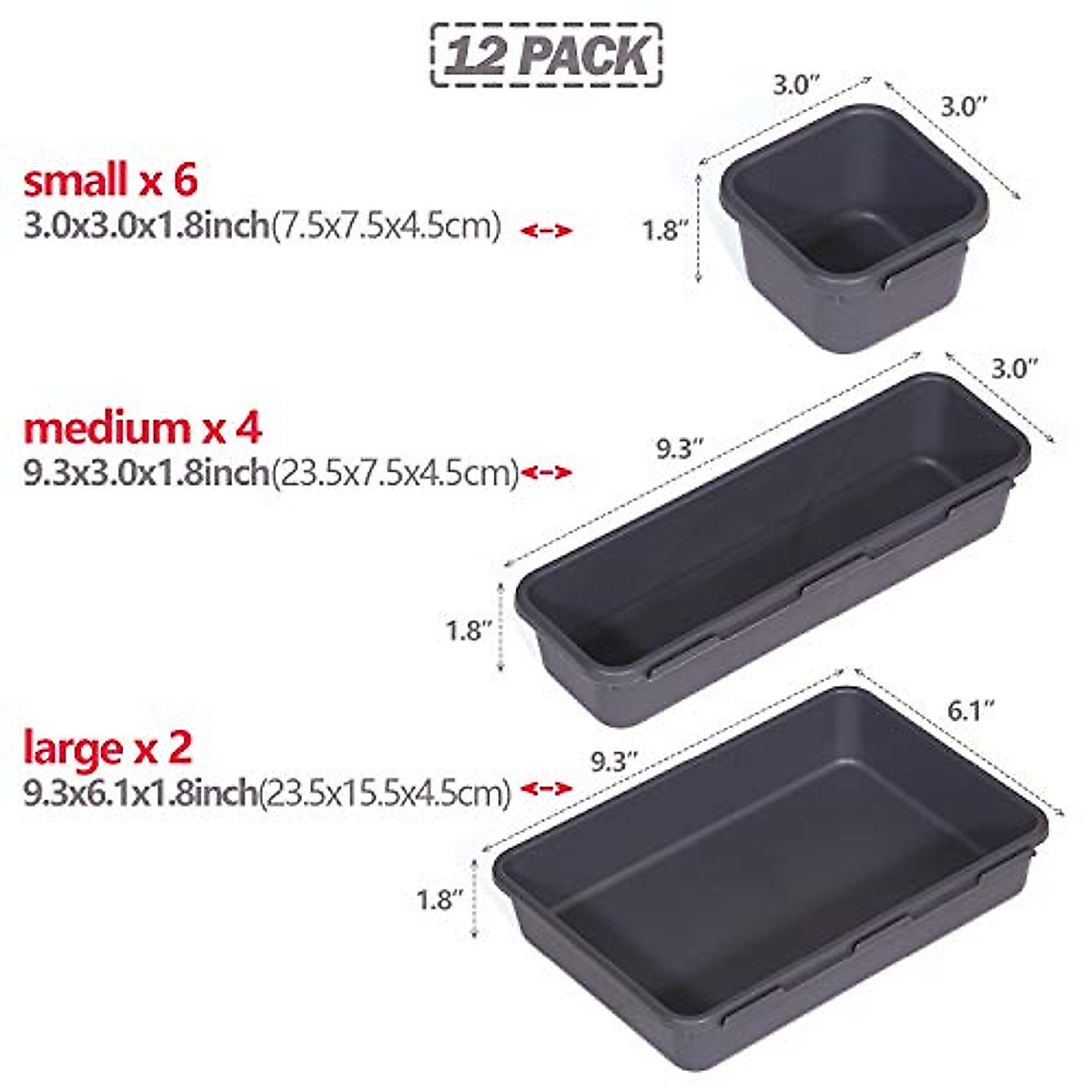 Set of 12 Interlocking Desk Drawer Organizer Tray Dividers Plastic Shallow Narrow Drawers Organizers Separators and Storage Bins Container for Kitchen Bathroom Makeup Office Vanity Bedroom Dresser