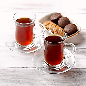 Volarium Small Turkish Tea Set 12 Piece Modern Turkish Tea Glasses & Saucers Set, 6 PCs 4.9 oz (145 cc) Clear Glass Tea Cups with Handle and 6PCs Glass Saucers