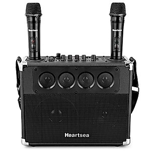 Portable PA Speaker with 2 Wireless Microphones for Adults, Bluetooth Karaoke Machine Rechargeable Battery Outdoor Party Singing, USB/SD Reader/TV/Computer/TWS, Heartsea