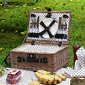 HYBDAMAI Willow Picnic Basket Set for 4 Persons with Waterproof Picnic Blanket, Large Wicker Picnic Basket for Camping, Outdoors, Valentine's Day, Christmas, Thanksgiving, Birthday