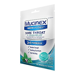 Mucinex Instasoothe Sore Throat Relief + Cough Relief, Sore Throat Lozenges, Cough Drops with Dextromethorphan HBr & Hexylresorcinol, Alpine Herbs & Fresh Mint Flavor Medicated Throat Drops, 40ct