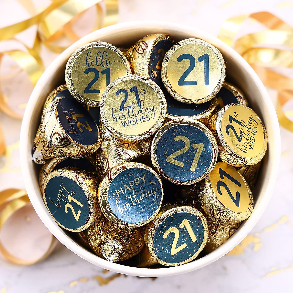 Navy Blue and Gold 21st Birthday Party Favors Chocolate Kisses Candy Stickers - 180 Count - 21st Birthday Decorations