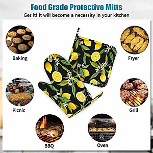 Mxocom Lemon Fruits Silicone Oven Mitts and Pot Holders Sets Flowers Leaves Lemons BBQ Gloves for Kitchen,Cooking,Baking,Grilling