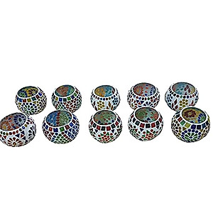 Set of 10 Valentine's Day Decor Love Gift Living Room Bedroom Fireplace Decorative Colorful Mosaic Glass Candle Holder Wedding Decoration Event Party Supplies Tea Light Votive