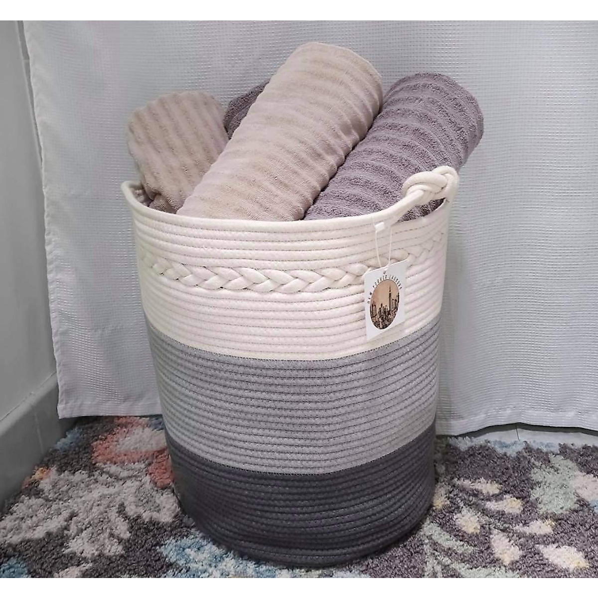 Cotton Rope Basket - 17.8" x 15.8" x 13.8" woven baby laundry basket - Woven Basket Nursery Bin - large baskets for blankets- thread laundry hamper - woven storage basket- rope baskets for organizing
