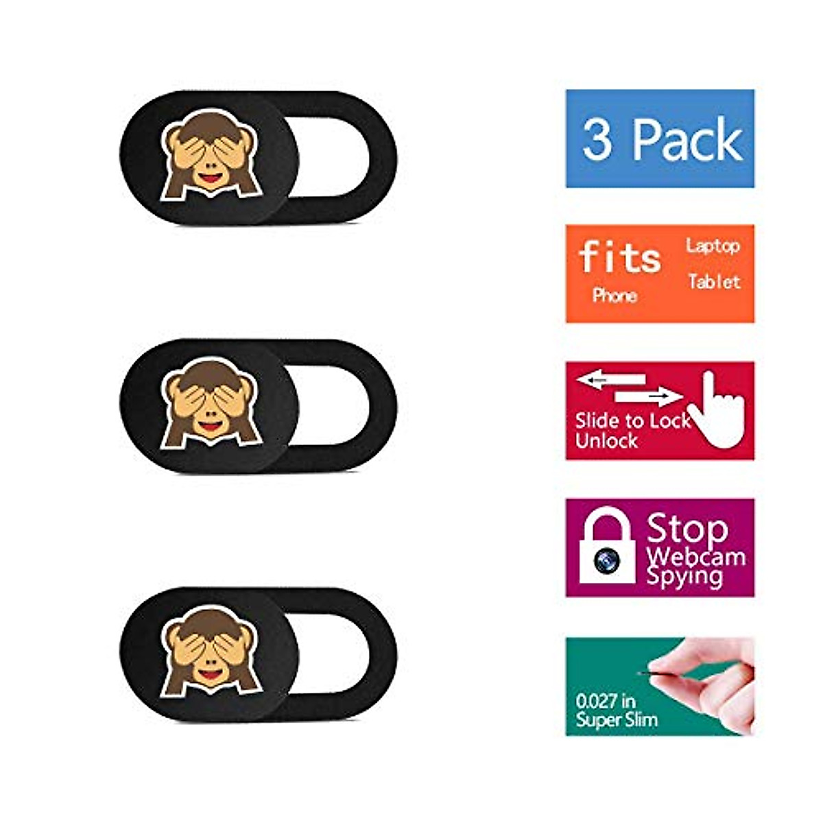 SIREG Webcam Cover Ultra Thin - Web Camera Cover fits Laptop,Tablet,Computer, Smartphone, Protect Your Privacy and Security,Strong Adhesive (Monkey-Black & 3 Pack)