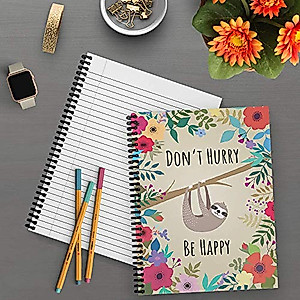 Softcover Be Happy 8.5" x 11" Funny Sloth Spiral Notebook/Journal, 120 Wide Ruled Pages, Durable Gloss Laminated Cover, Black Wire-o Spiral. Made in the USA