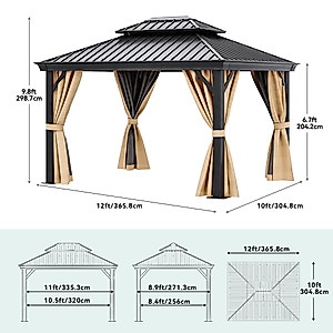 DWVO 10x12ft Hardtop Gazebo Double Roof with Nettings and Curtains, Heavy Duty Galvanized Steel Outdoor Vertical Stripes Roof for Patio, Backyard, Deck, Lawns, Brown
