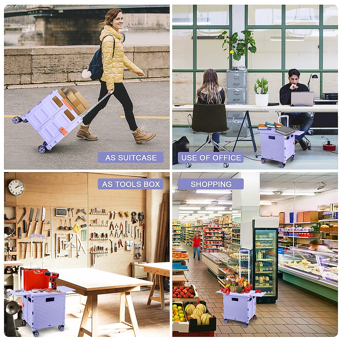 Foldable Utility Cart Folding Portable Rolling Crate with Magnetic Extended Lid,360°Rotate Wheels,176LBS Load Capacity,Heavy Duty Durable Dolly Cart for Teacher Tourist Shopping Office Outdoor Purple