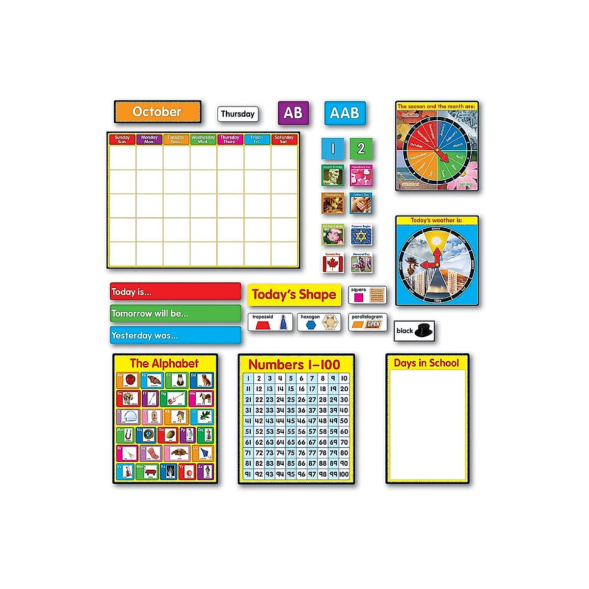 Carson Dellosa Circle Time Learning Center Calendar Bulletin Board Set, Monthly Calendar with Numbers, Holidays, Alphabet, Weather, Seasons, Colors, Shapes, Hundreds Chart, Kindergarten Up (214 pc)