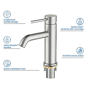 KIBI F201 Stainless Steel Single Handle Bathroom Sink Faucet with Pop-Up Drain, High Arc Spout | Corrosion-Resistant with Smooth Operation and Steady Water Flow | Brushed Nickel Finish