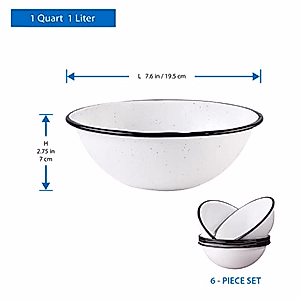 Cinsa 6-Piece 7 inch enameled steel bowl set (Speckled White) Indoor/Outdoor use, reusable, oven and fire-safe.