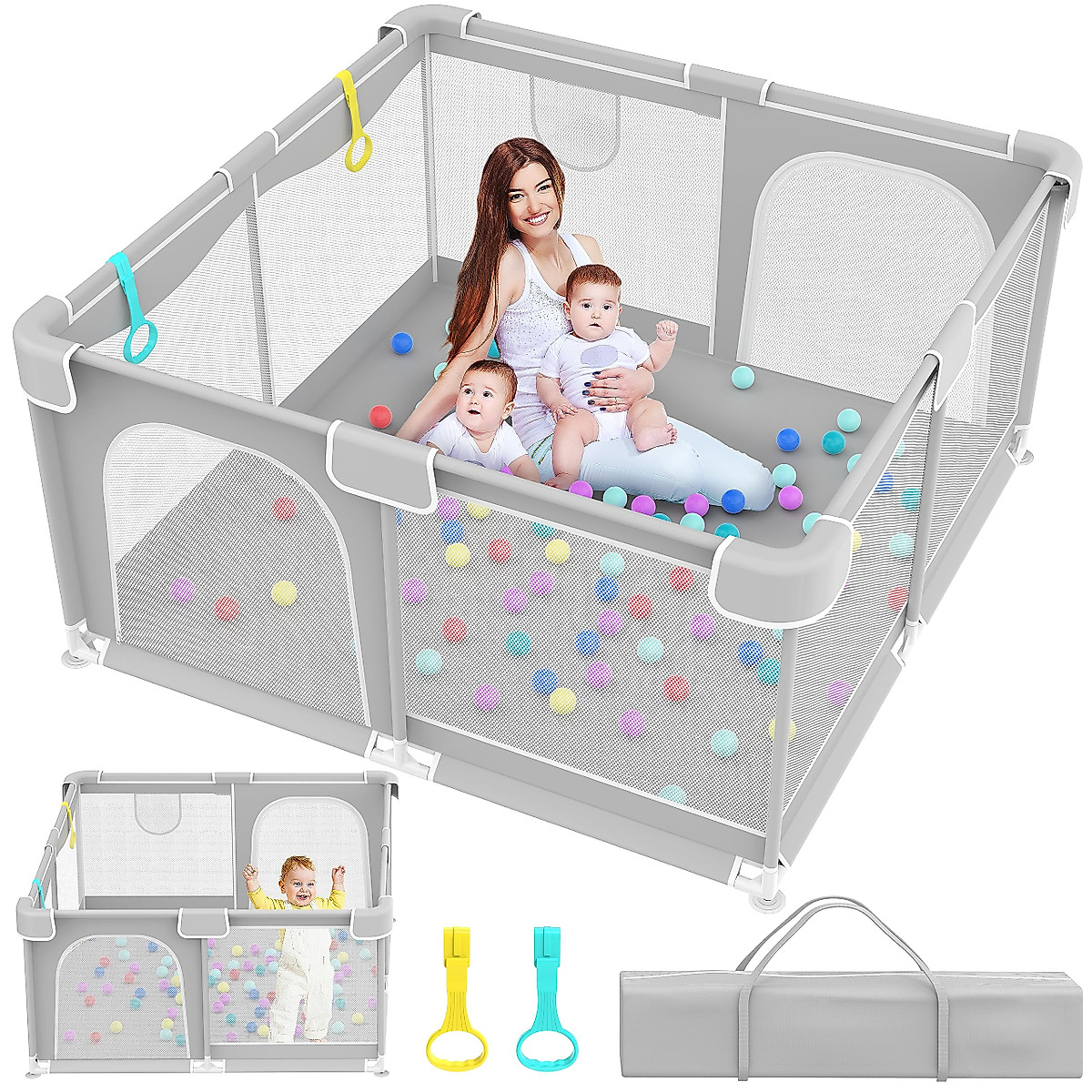 Baby Playpen, Playpen for Babies with Breathable Mesh and Zipper Gates, Indoor & Outdoor Play Pens for Kids Activity Center with Anti-Slip Base, Sturdy Safety Playpen, Kid's Fence for Infants