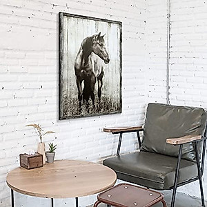 Horse Print Rustic Framed Painting: Gray Wildlife Animal Wooden Wall Art Portrait Picture Decor Artwork for Bedroom Farmhouse 24"x36"