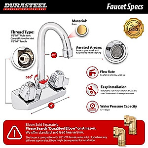 Kitchen Sink Faucet Wall Mount - DuraSteel 4" Center Commercial Kitchen Sink Faucet with 3-1/2" Gooseneck Spout - Dual Knob Handles - Brass Constructed & Chrome Polished