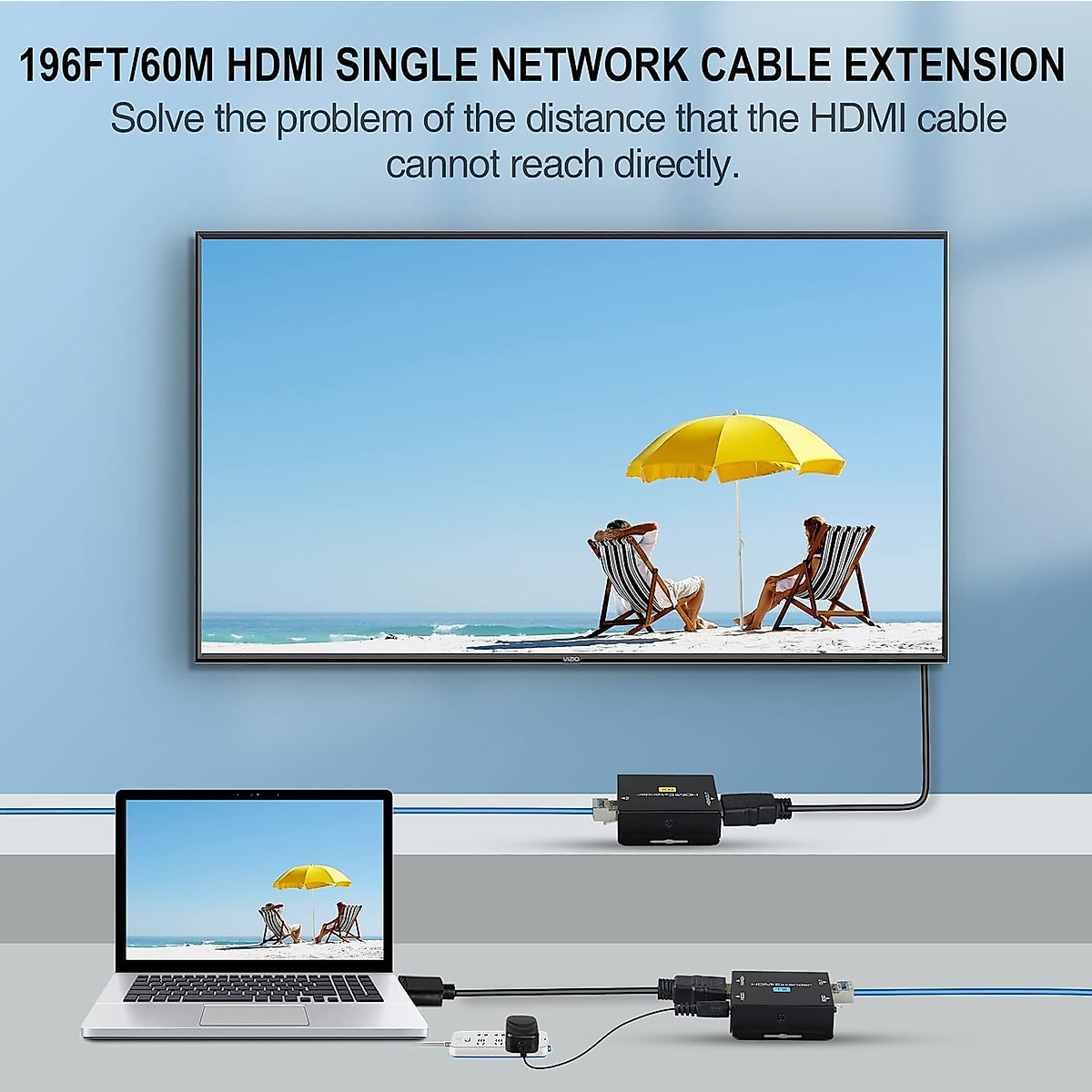 avedio links 196ft/60m HDMI Extender Over Cat 5e/6/7, 1080P HDMI Ethernet Extender Balun Adapter with Single POC Power Supply, Support 3D, EDID, Deep Color, Compatible with DVD, Fire Stick, Roku, PS5