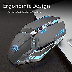 TENMOS T12 Wireless Gaming Mouse Rechargeable, 2.4G Silent Optical Wireless Computer Mice with Changeable LED Light for Laptop PC, 7 Buttons, 3 Adjustable DPI (Grey)