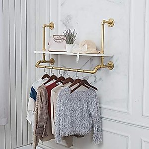 Tianman 40",Gold,White,Industrial Detachable Wall-Mounted Black Iron Wooden Garment Bar,Heavy Duty Pipe Clothing Rack,Pipe Clothes Rack, Multi-Purpose Hanging Rod for Closet Storage