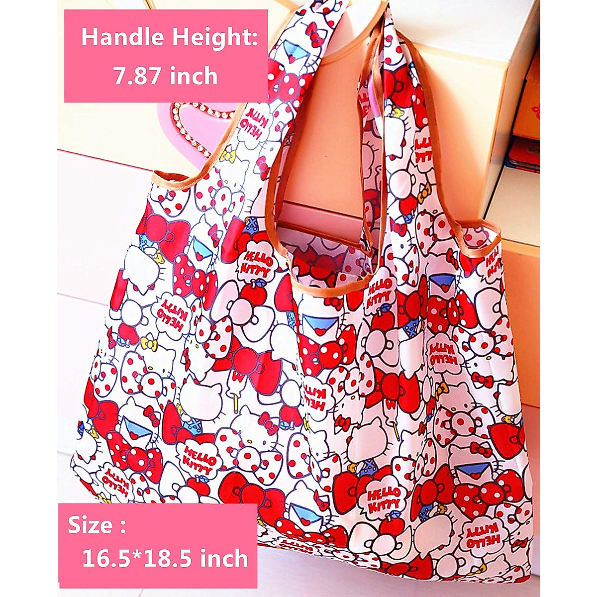 Kerr's Choice Lightweight Portable Grocery Bag Large Capacity Shopping Bag Durable Reusable Tote Bag Travel Accessories -- Kitty