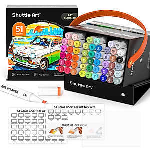 Shuttle Art 51 Colors Dual Tip Alcohol Based Art Markers, 50 Colors plus 1 Blender Permanent Marker Pens Highlighters with Case Perfect for Illustration Adult Coloring Sketching and Card Making