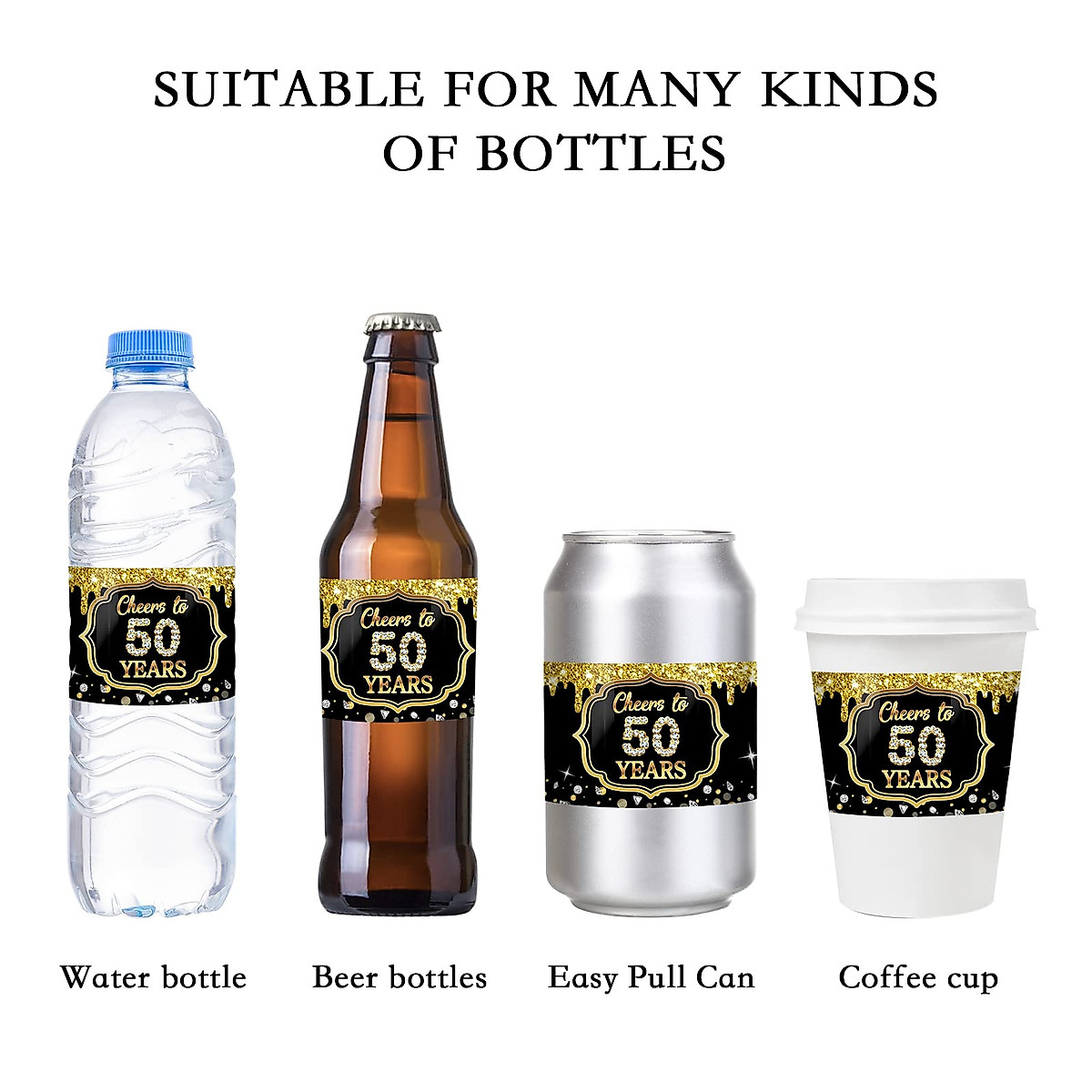WOWOPA 32Pcs Cheers to 50 Years Water Bottle Labels, Happy 50th Birthday Labels Stickers for Women and Men Birthday Party Decorations - Black
