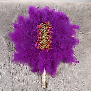 African Custom Wedding Feather Hand Fan Lace Dance Fan with Sequins Stone Handmade Abanicos para Boda Bride Hand Held Photo Prop