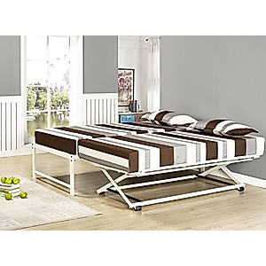 Kings Brand Furniture Twin Size White Metal Platform Bed With Pop Up Trundle
