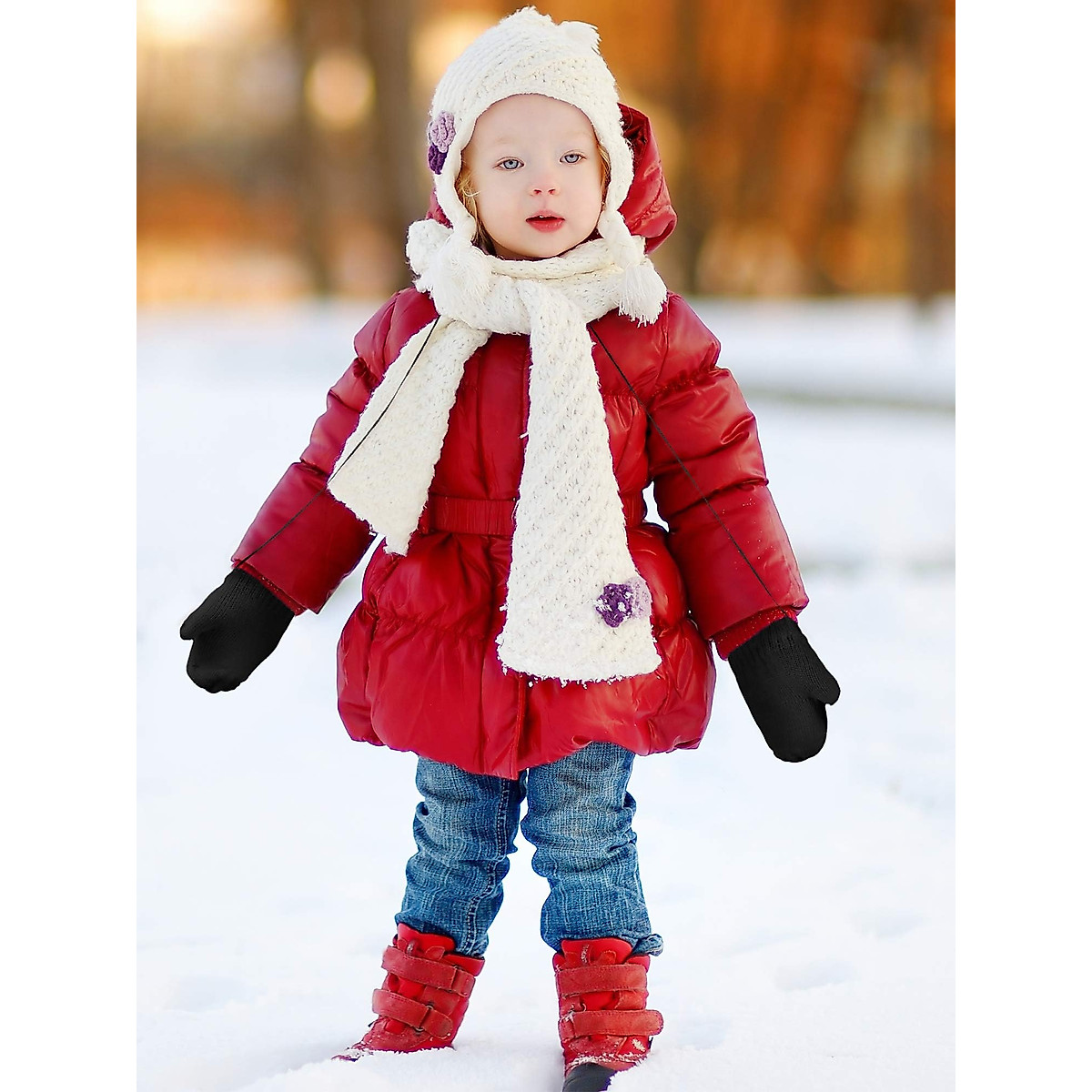 SATINIOR 3 Pairs Toddler Magic Stretch Mittens Full Finger Knit Gloves Kids Winter Warm Mittens (Black, White, Light Grey,Suits for 1-4 Years)